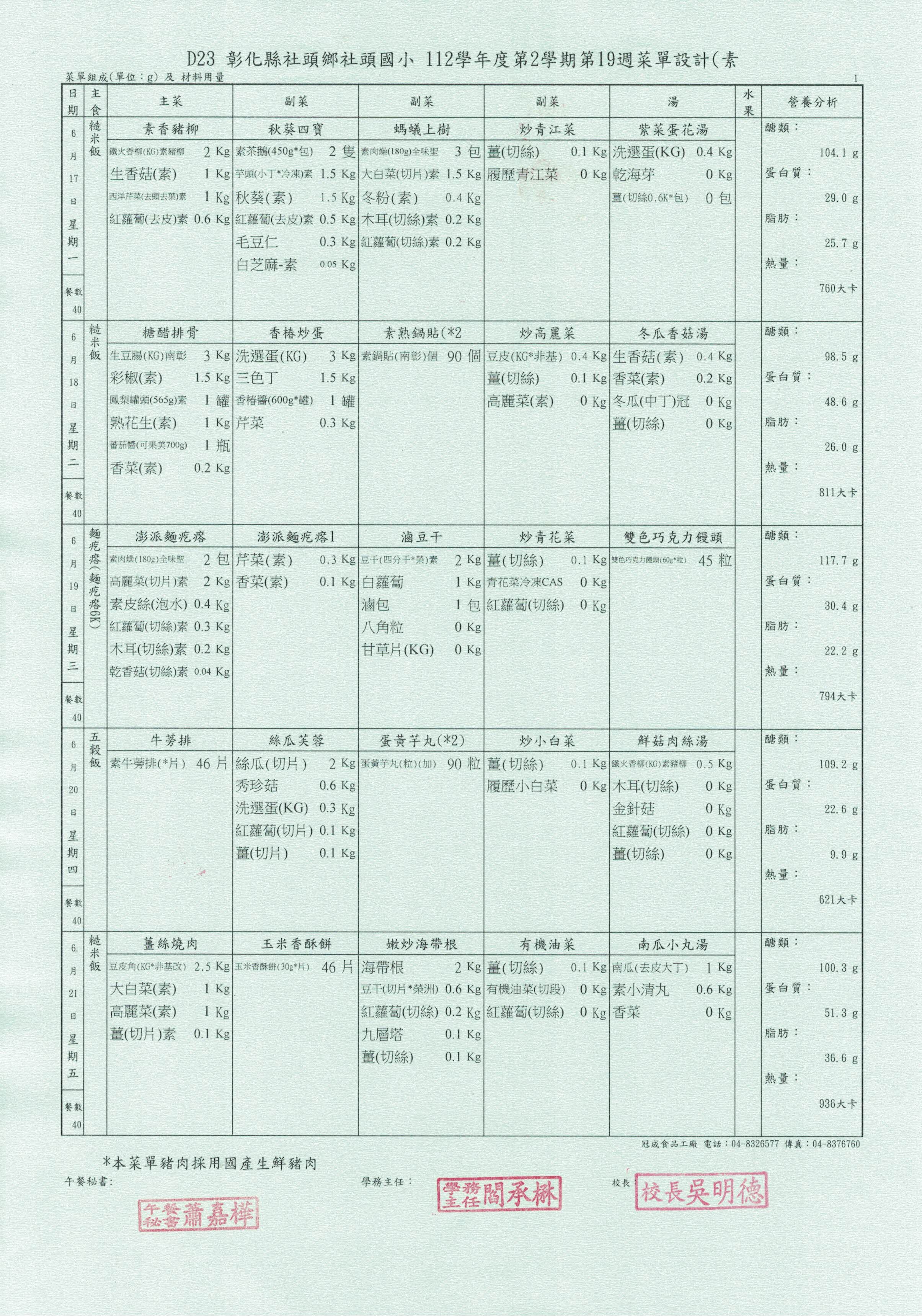 112學年度下學期第19週菜單 | 彰化縣社頭國小全球資訊網